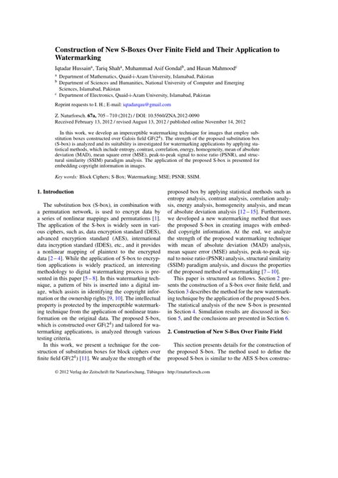 Pdf Construction Of New S Boxes Over Finite Field And Their Application To Watermarking