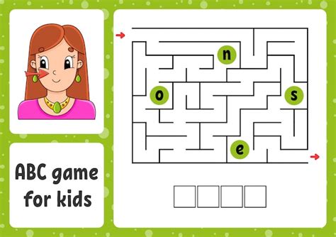 아이들을위한 Abc 미로 코에 대답하십시오 사각형 미로 활동 워크 시트 프리미엄 벡터