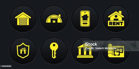 방패 교수형 표지판 임대료 열쇠 박물관 건물 온라인 부동산 하우스 창고 계획 및 차고 아이콘이 있는 집을 설정합니다 벡터 문에 대한 스톡 벡터 아트 및 기타 이미지 Istock