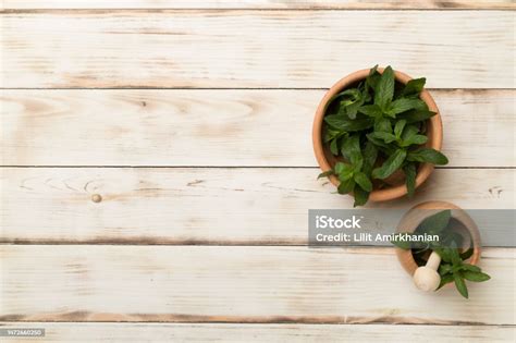 나무 그릇과 박격포 유모차와 나무 배경에 멜리사 상단 전망 건강관리와 의술에 대한 스톡 사진 및 기타 이미지 건강관리와 의술 건강한 생활방식 건강한 식생활 Istock