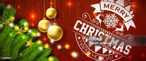 메리 크리스마스와 새해 복 많이 받으세요 금색 유리 공 별 소나무 가지 빈티지 나무 배경에 조명 화환이 있습니다 벡터 휴가 시즌 축하 인사말 카드 파티 초대장 또는 프로모션