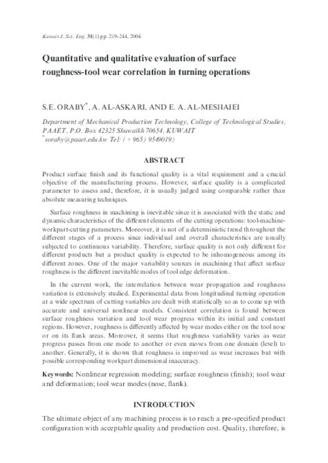 Pdf Quantitative And Qualitative Evaluation Of Surface Roughness Tool Wear Correlation In
