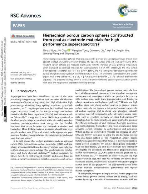 Pdf Hierarchical Porous Carbon Spheres Constructed From Coal As Electrode Materials For High