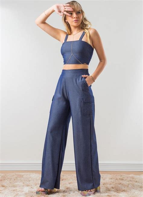 Conjunto Jeans Cropped E Wide Leg Azul Cativa