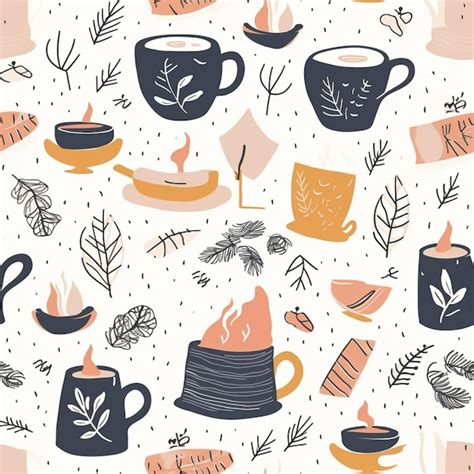 Premium Photo A Close Up Of A Pattern Of Cups And Mugs With Leaves