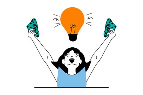 플랫 웹 디자인에서 사람들 장면을 가진 스타트업 비즈니스 개념 여자는 새로운 프로젝트를 만들고 돈을 벌고 재정적 성공을 거둔다