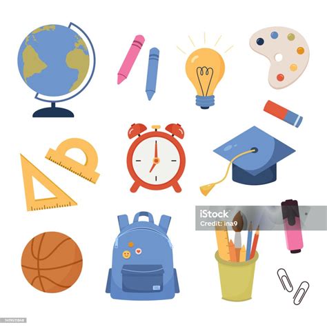 학교 용품 및 물품은 흰색 배경에 격리되어 있습니다 학교 요소로 돌아 가기 교육 액세서리 벡터 일러스트 만화 평면 스타일 가방에