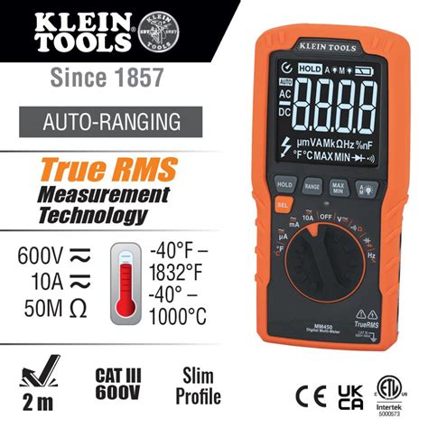 Klein Mm450 Slim Digital Multimeter Trms Auto Ranging 600v Temp