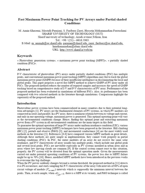 Fast Maximum Power Point Tracking For Pv Arrays Under Partial Shaded Pdf