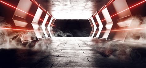 연기 안개 미래 공상 과학 Fi 외계인 우주선 네온 레이저 Led 오렌지 레드 빛나는 터널 금속 반사 그런 지 콘크리트 바닥 습식 게이트 가상 현실 형광 발광 활기찬 홀