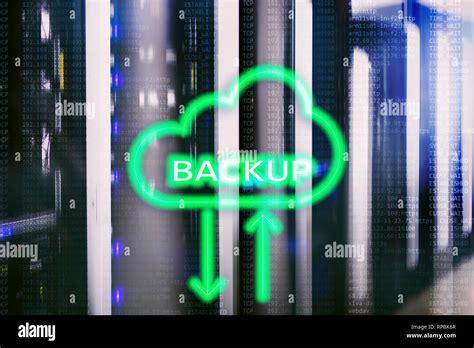 Backup Button On Modern Server Room Background Data Loss Prevention System Recovery Stock