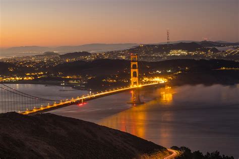 건축 경치가 좋은 관광 관광지 금문교 다리 도시 풍경 도시의 도시의 불빛 랜드마크 마린 헤드 랜드 물 미국 바다 밤 베이 지역 베이브리지 북미