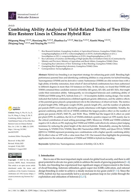 Pdf Combining Ability Analysis Of Yield Related Traits Of Two Elite Rice Restorer Lines In