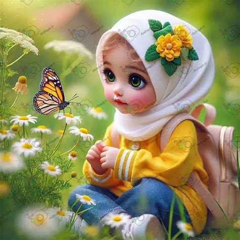 بک گراند کودکانه دختر کوچولوی ناز با حجاب با کوله پشتی در حال نگاه کردن به پروانه کد 43420 ویژه
