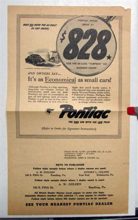 1941 1942 Pontiac De Luxe Torpedo Six Business Cupe Ad Proof