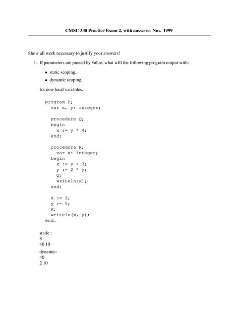 Practice Exam 2 With Answers Organization Programming Language Cmsc 330 Docsity