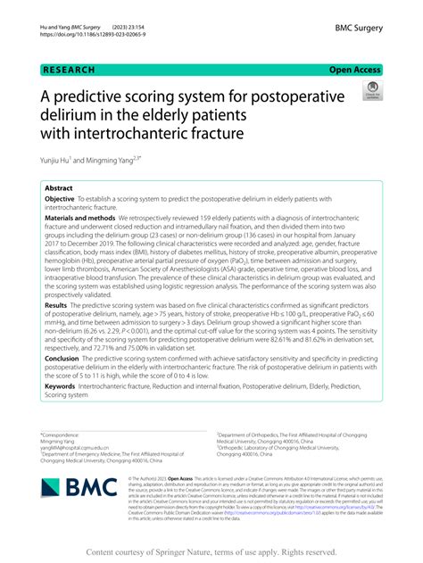 Pdf A Predictive Scoring System For Postoperative Delirium In The