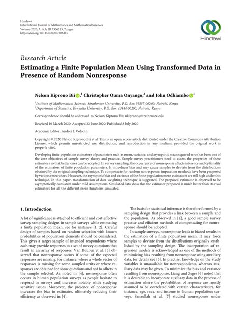 Pdf Estimating A Finite Population Mean Using Transformed Data In Presence Of Random Nonresponse