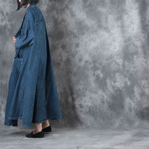 New Arrival Vertical Pockets Denim Trench Coat Womans Plus Size Duster