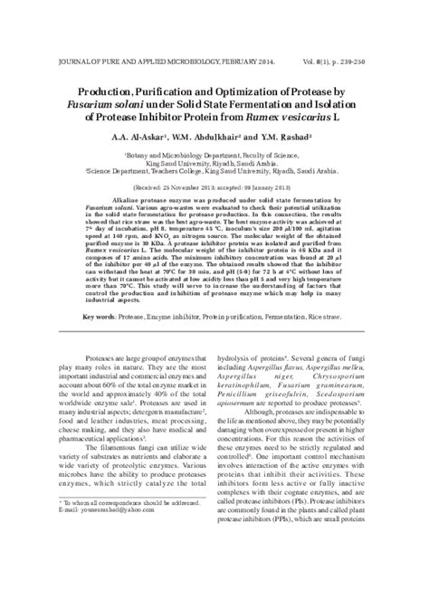 Pdf Production Purification And Optimization Of Protease By Fusarium