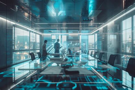 People Working In Futuristic Modern Office Space With High Tech Digital Interface Smart