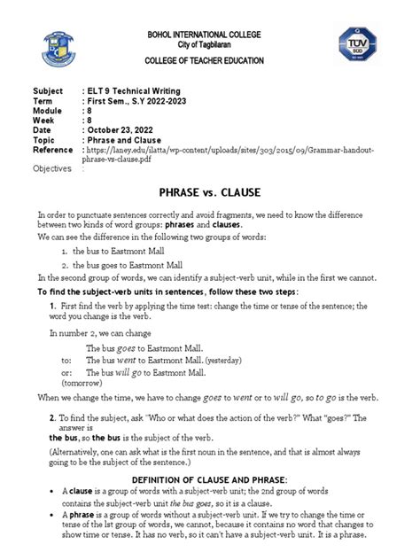 Elt 9 Module 8 Difference Between Phrase And Clause Pdf Clause Phrase