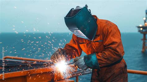 Welder Working On An Oil Rig Sparks Flying Against The Harsh Ocean