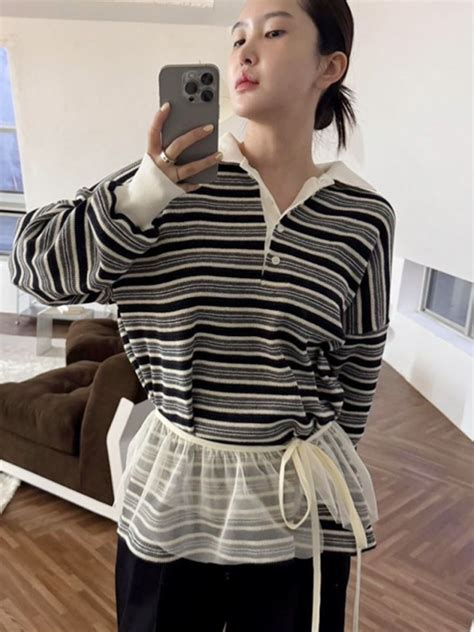 느루아 긴팔 피케티 럭비 줄무늬 단가라 오버핏 스트라이프 니트 배색 카라티 3col