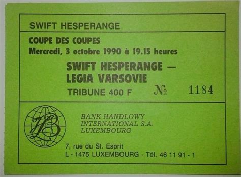 Swift Hesperange Legia Warsaw Cup Winners Cup Match Ticket 03 10 1990 Football Tickets