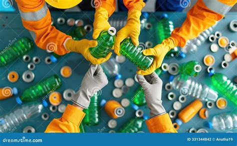 Top View Of Gloved Hands Handling Green Plastic Bottles In A Bustling Factory Setting Stock