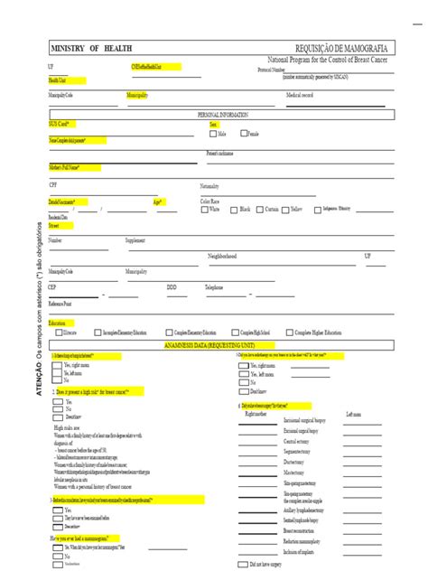 Form For Mammography Requests With Highlights Pdf Mammography