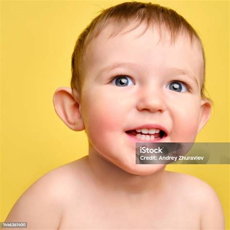 행복한 유아 아기 소년 스튜디오 노란색 배경 귀여운 웃는 아이의 초상화 클로즈업 일년 두 달 된 아이 12 17 개월에 대한 스톡 사진 및 기타 이미지 Istock