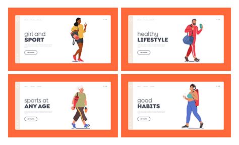 활기차고 건강한 라이프 스타일 랜딩 페이지 템플릿 세트 운동 장비를 들고 체육관으로 걸어가는 캐릭터 걷기에 대한 스톡 벡터 아트 및 기타 이미지 Istock