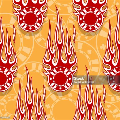 카지노 테마 포커 칩 아이콘과 부족 화재 불꽃 원활한 패턴 벡터 그래픽 벽지 섬유 직물 포장지 다운로드 가능한 디지털 파일 가능성에 대한 스톡 벡터 아트 및 기타 이미지