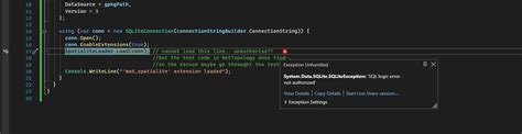 SpatialiteLoader Throws SqliteException SQLite Error Not Authorized Issue