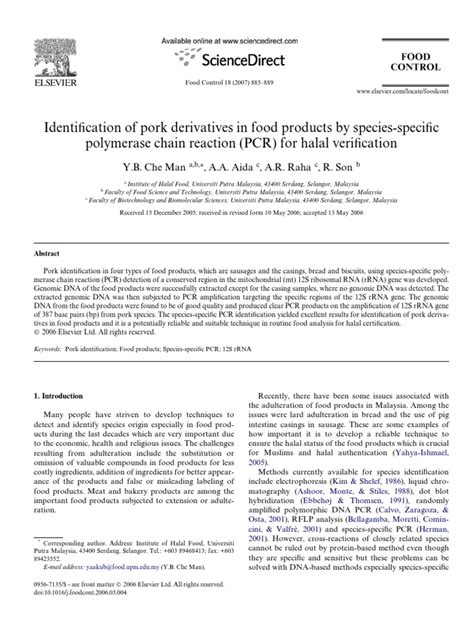 Che Man Dkk 2007 Identiwcation Of Pork Derivatives In Food Products By Species Speciwc