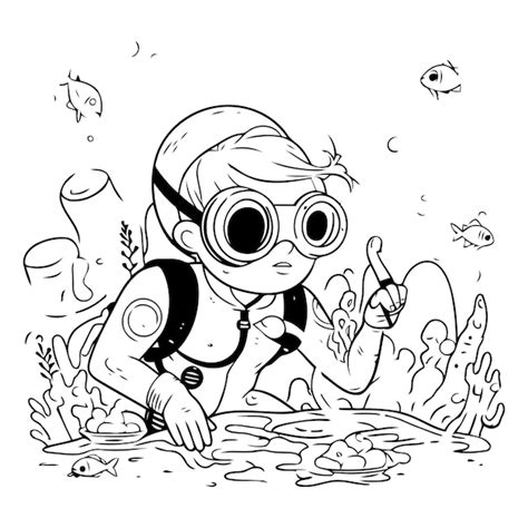 Un niño lindo buceando en el mar Vector Premium