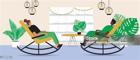 Lgbtq 커플 에 집 흔들 의자 평면 벡터 스톡 일러스트 와 겨울 인테리어 와 여성 레즈비언 가정의 방에 대한 스톡 벡터 아트