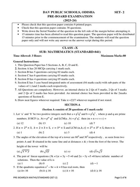 dav pre board std x set 2 pdf area geometric shapes
