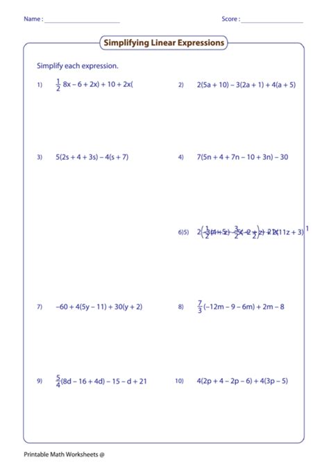 Simplifying Linear Expressions Worksheet Printable Pdf Download