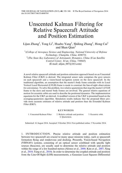Pdf Unscented Kalman Filtering For Relative Spacecraft Attitude And Position Estimation