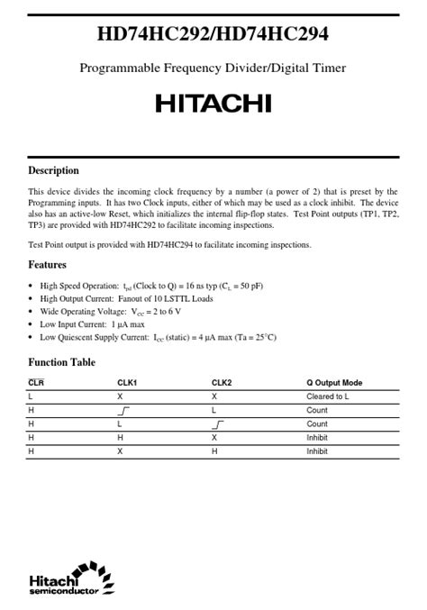 Hd74hc294 Datasheet Programmable Frequency Dividerdigital Timer