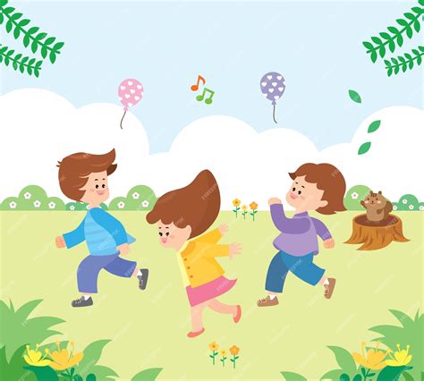 공원 벡터 아트 그림에서 노는 아이들 프리미엄 벡터