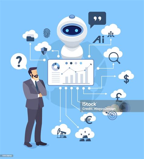 새로운 비즈니스 개념입니다 기술 및 금융 동향 캐릭터 분석 인포그래픽이 있는 로봇 가상현실에 대한 스톡 벡터 아트 및 기타 이미지 가상현실 거래자 경영자 Istock