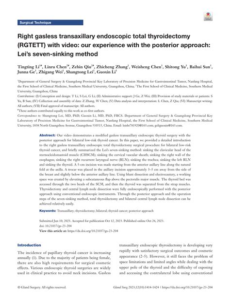 Pdf Right Gasless Transaxillary Endoscopic Total Thyroidectomy Rgtett With Video Our