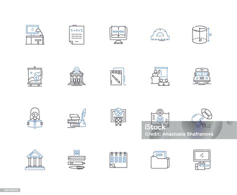 무역 학교 라인 아이콘 컬렉션입니다 직업 견습 인증 실습 실용 기술 구축 기술 벡터 및 선형 일러스트레이션 전문화 사전 전문가 산업별 개요 표지판 세트 아이콘에 대한 스톡