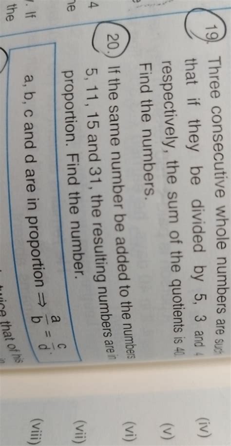 19 three consecutive whole numbers are sut that if they be divided by 5