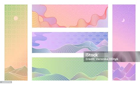 라인 아트 풍경 전통적인 아시아 패턴과 파스텔 그라데이션 배너 벡터 템플릿이 있는 최소한의 산과 언덕 일본어 중국어 및 한국 복고풍 스타일 0명에 대한 스톡 벡터 아트 및