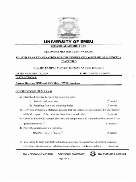 Sta 410 Sample Survey Theory And Methods Ii October 2020 Pdf Estimator Bias Of An Estimator