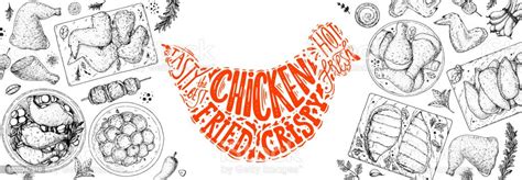 치킨 저녁 식사 구운 닭고기와 튀김 손으로 그린 스케치 그림입니다 구운 닭고기 고기 상단 보기 프레임 벡터 그림입니다 새겨진